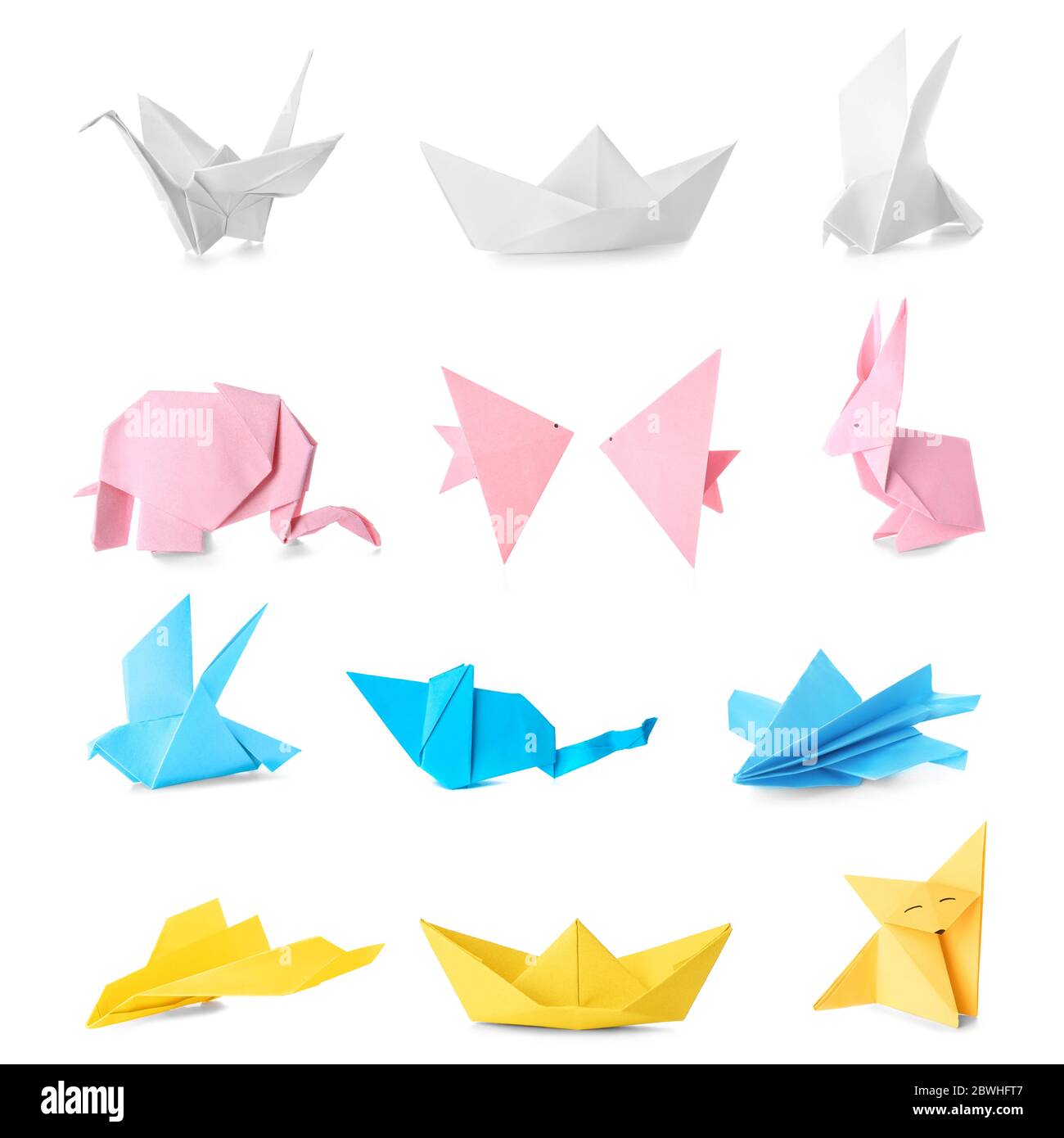 Many origami figures on white background Stock Photo - Alamy