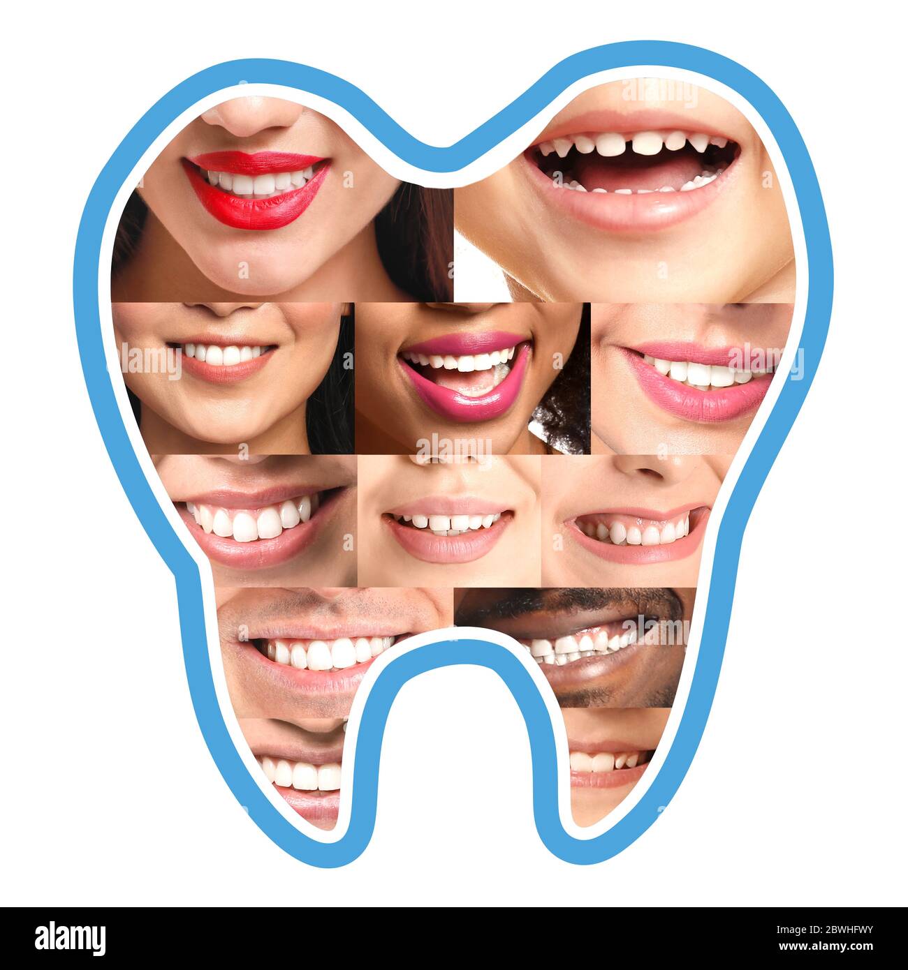 Tooth shape with different smiling people on white background Stock ...