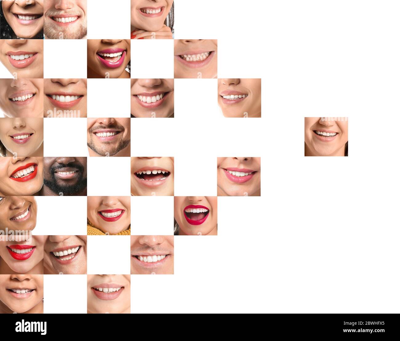 Collage of photos with different smiling people on white background ...