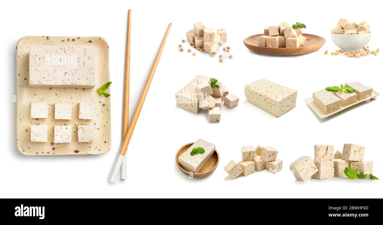 Set of tasty tofu cheese on white background Stock Photo - Alamy
