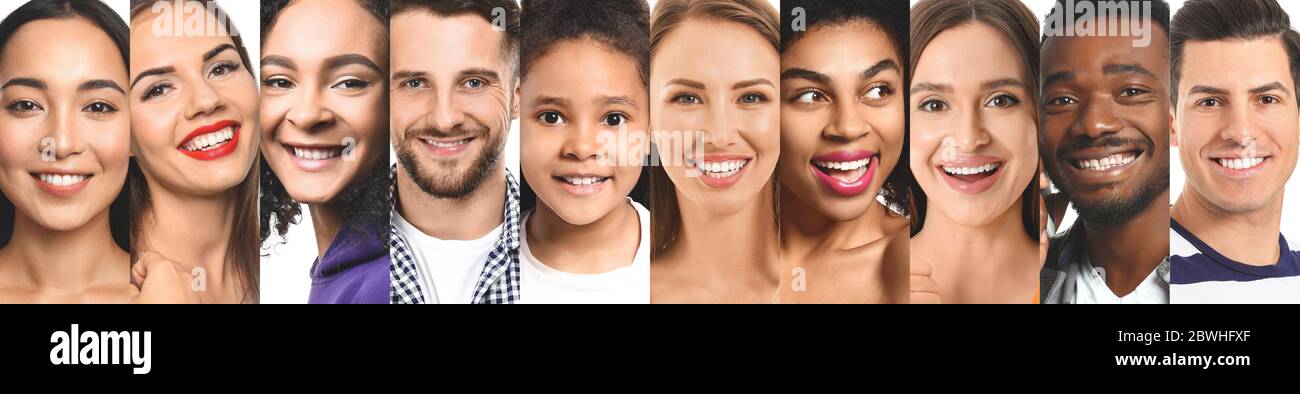 Collage of photos with different smiling people Stock Photo - Alamy