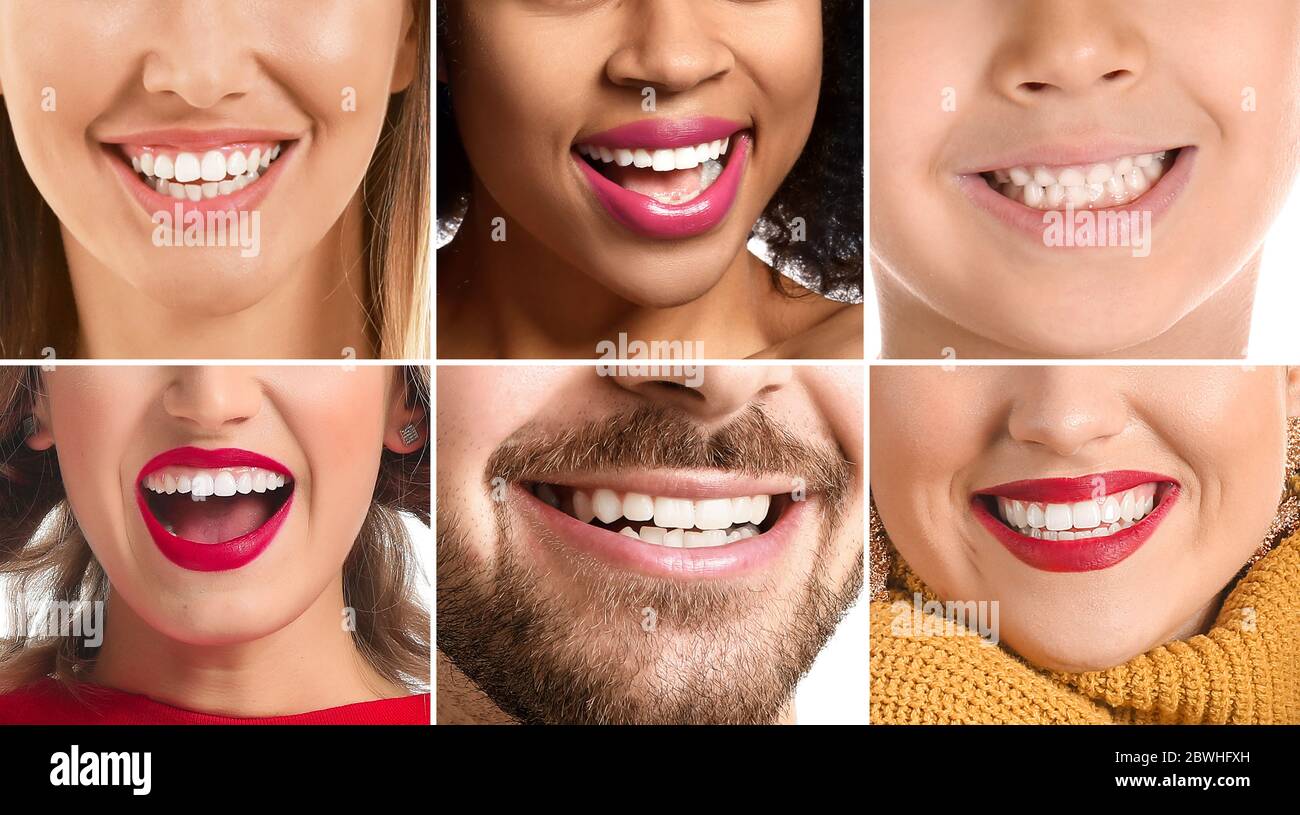 Collage of photos with different smiling people, closeup Stock Photo ...