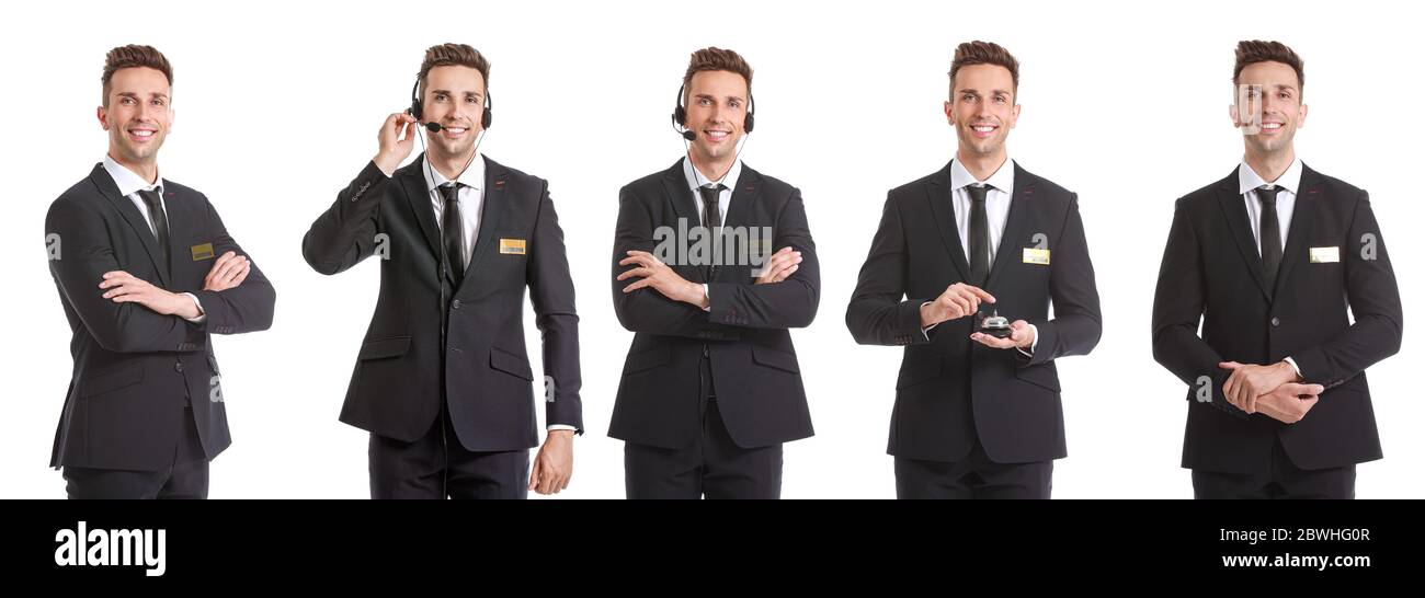Male receptionist on white background Stock Photo - Alamy