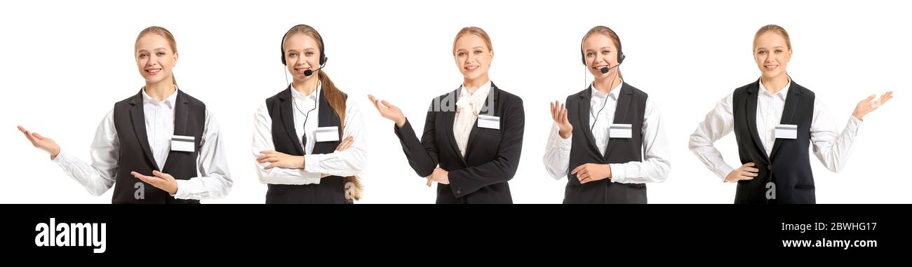 Female receptionist on white background Stock Photo - Alamy