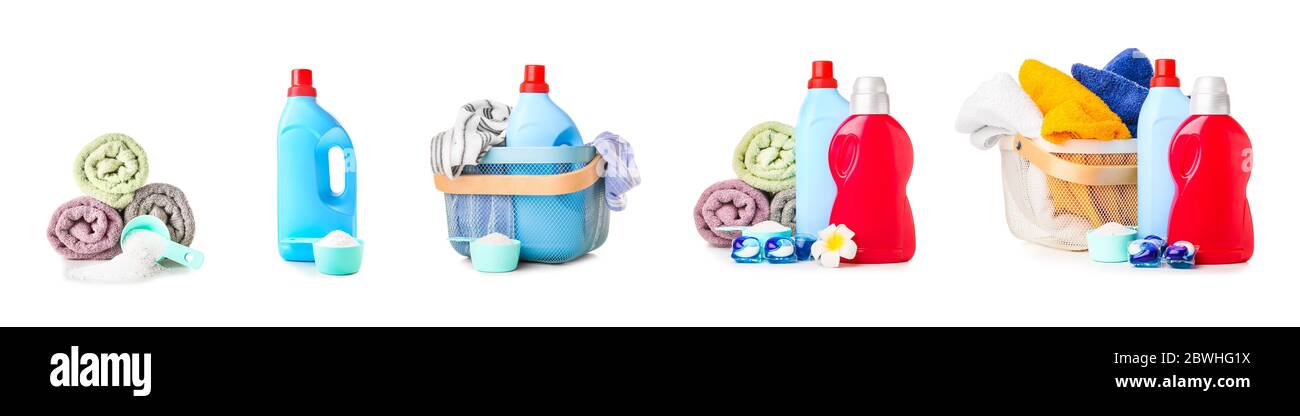 Set of different laundry detergents on white background Stock Photo - Alamy