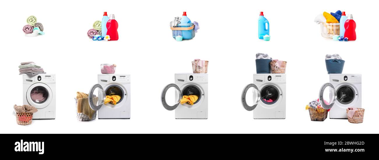 Set of modern washing machines, laundry baskets and detergents on white ...