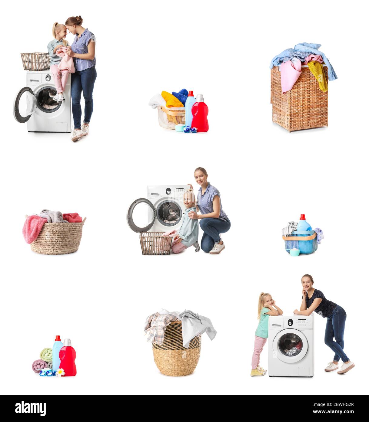 Set of modern washing machines with people and laundry baskets on white ...