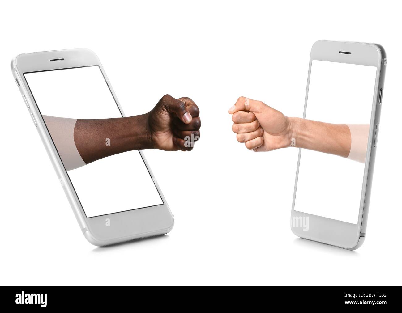 Men bumping fists through screens of mobile phones against white ...