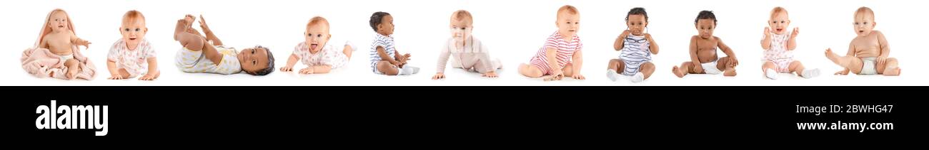 Collage with cute little babies on white background Stock Photo - Alamy