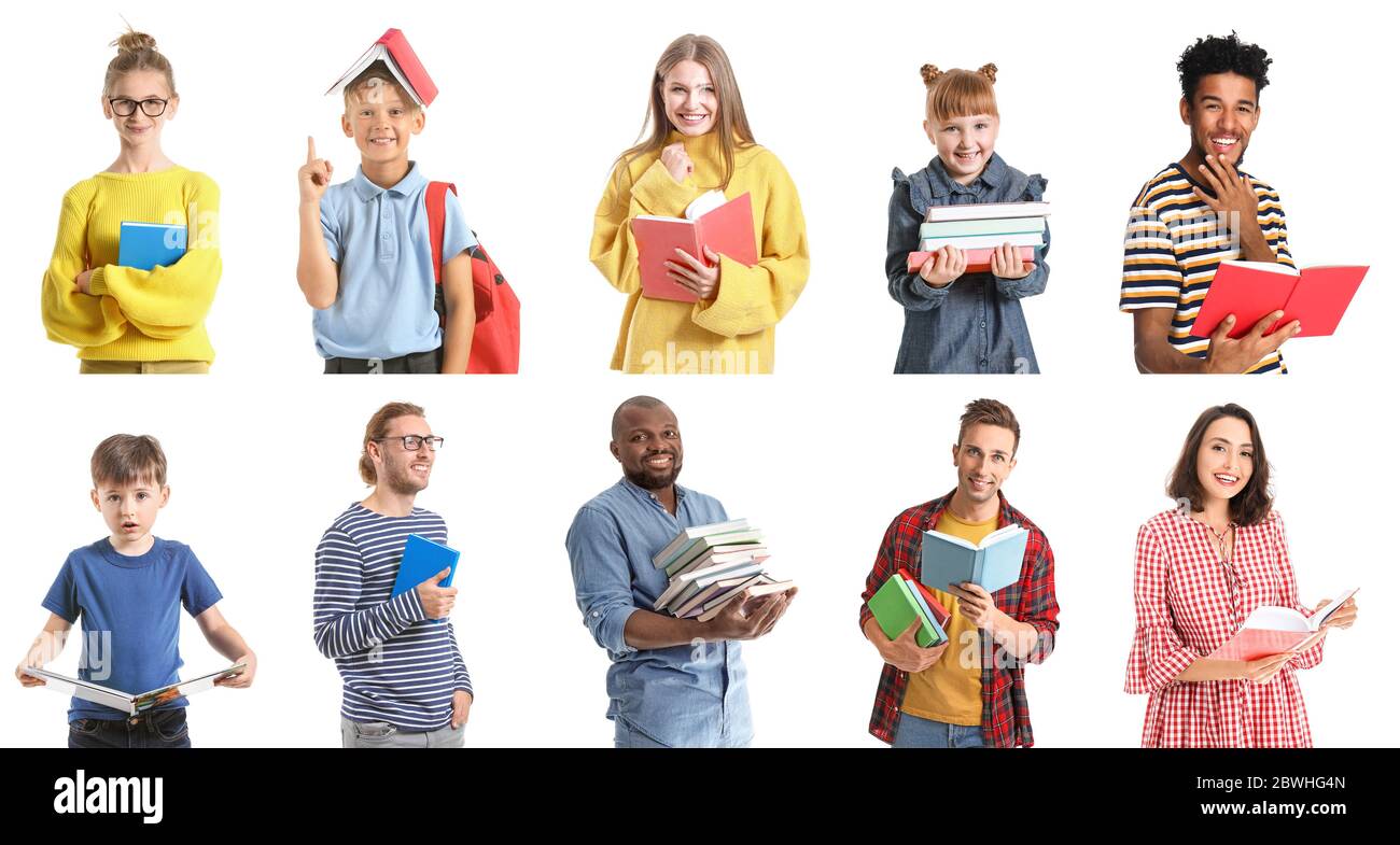 Different people with books on white background Stock Photo - Alamy