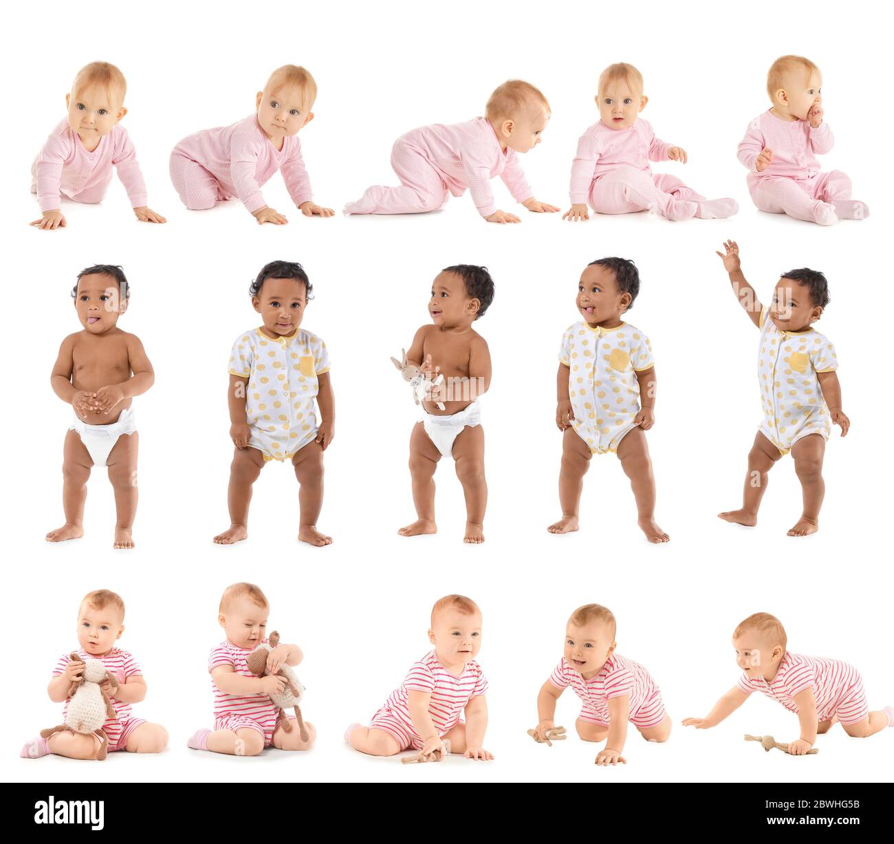 Collage with cute little babies on white background Stock Photo - Alamy