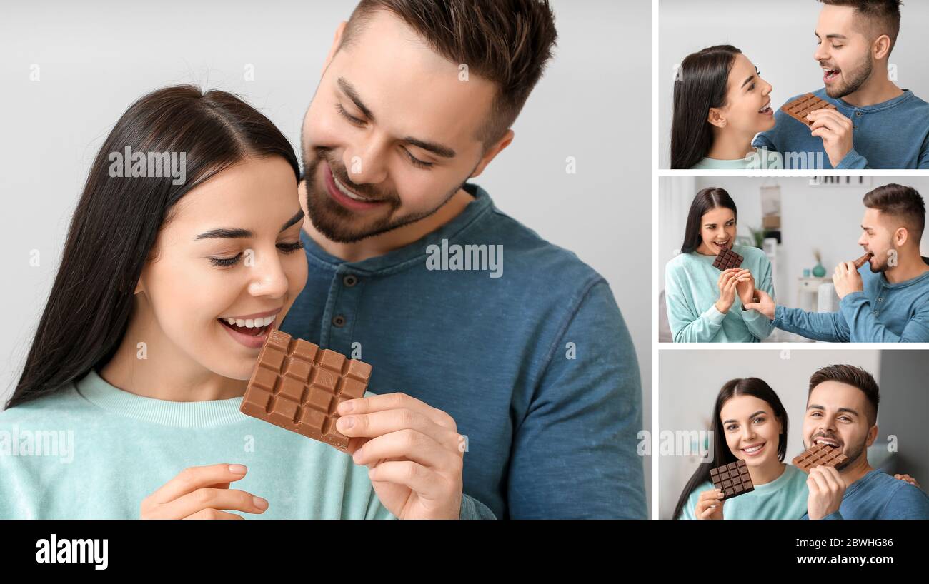 Collage of photos with beautiful young couple eating tasty chocolate ...