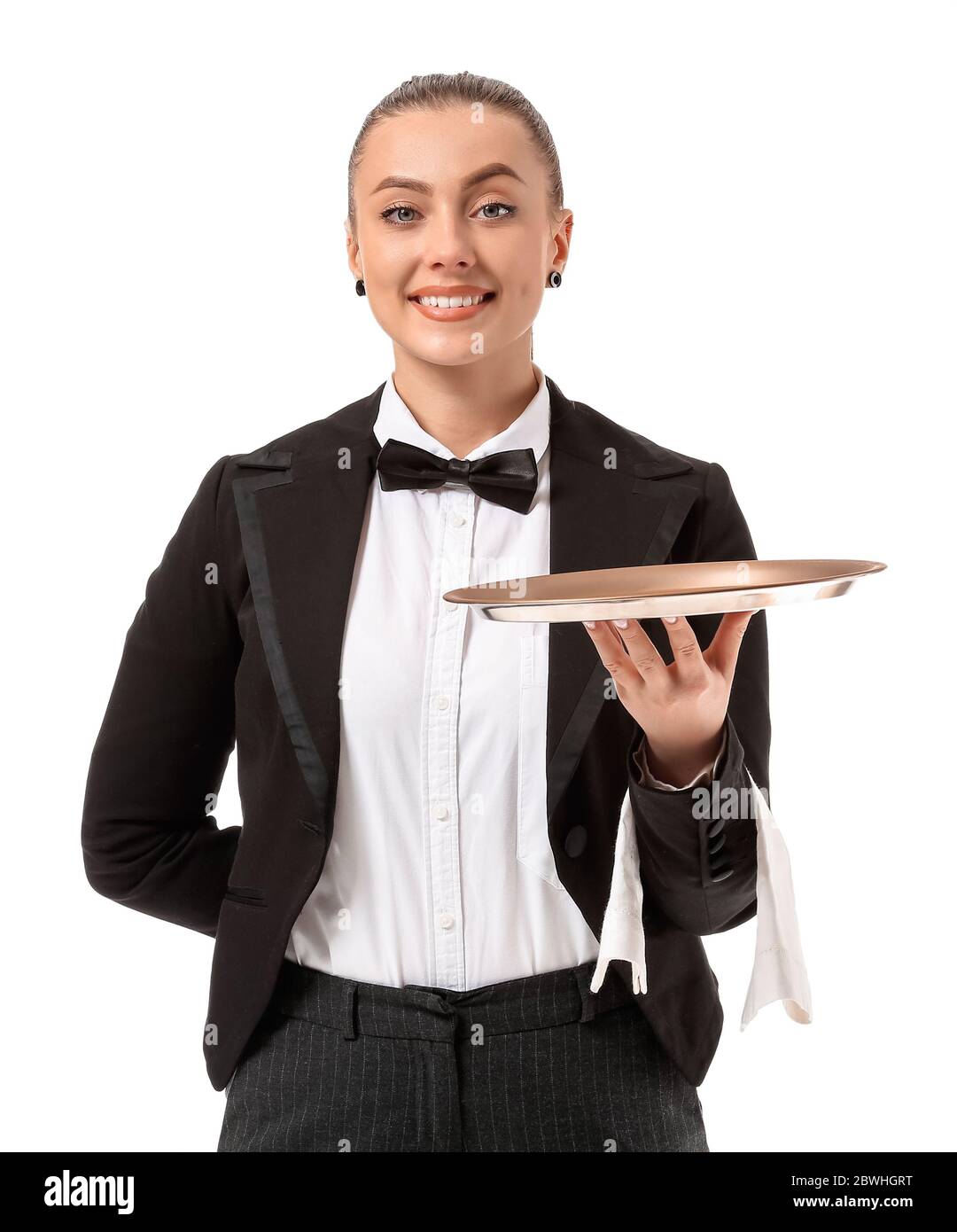 Beautiful female waiter on white background Stock Photo - Alamy