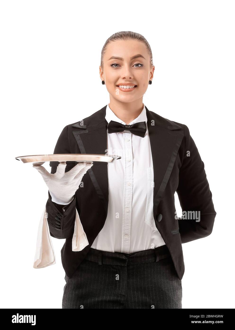Beautiful female waiter on white background Stock Photo - Alamy
