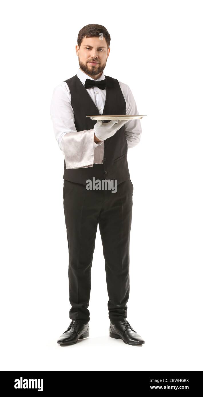 Handsome male waiter on white background Stock Photo - Alamy