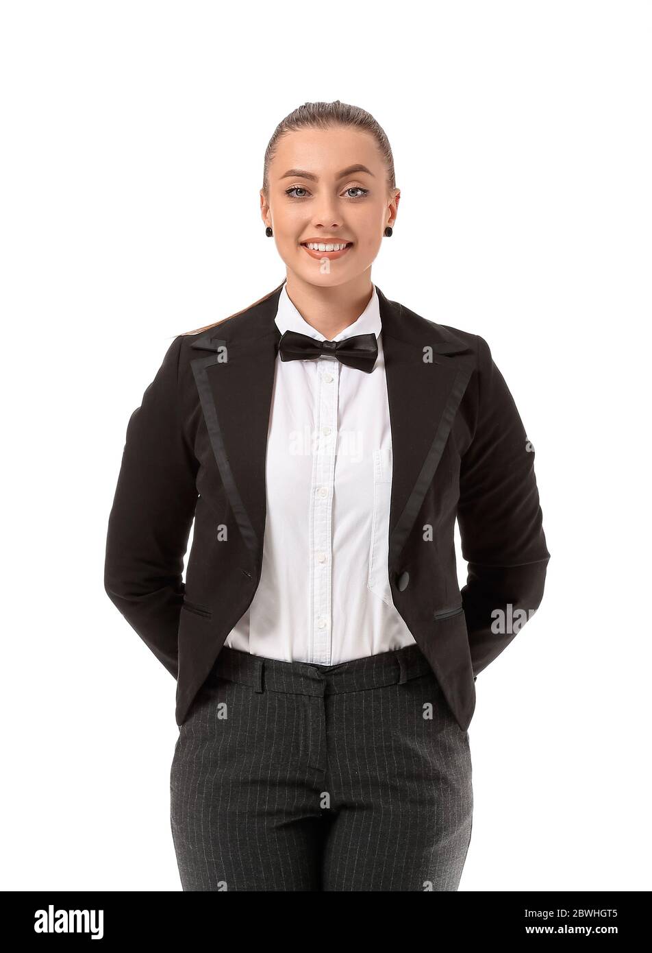 Beautiful female waiter on white background Stock Photo - Alamy