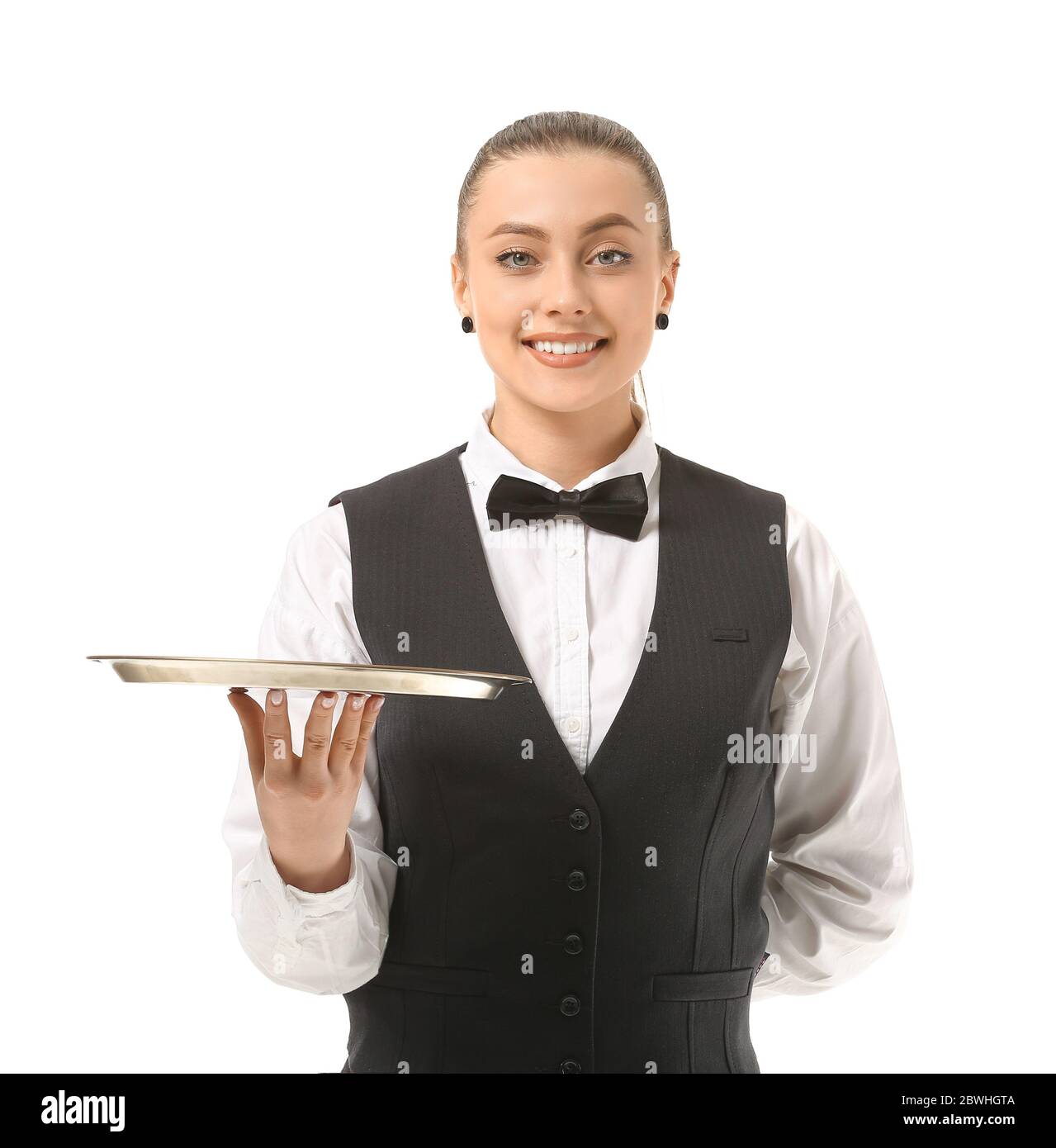 Beautiful female waiter with empty tray on white background Stock Photo ...