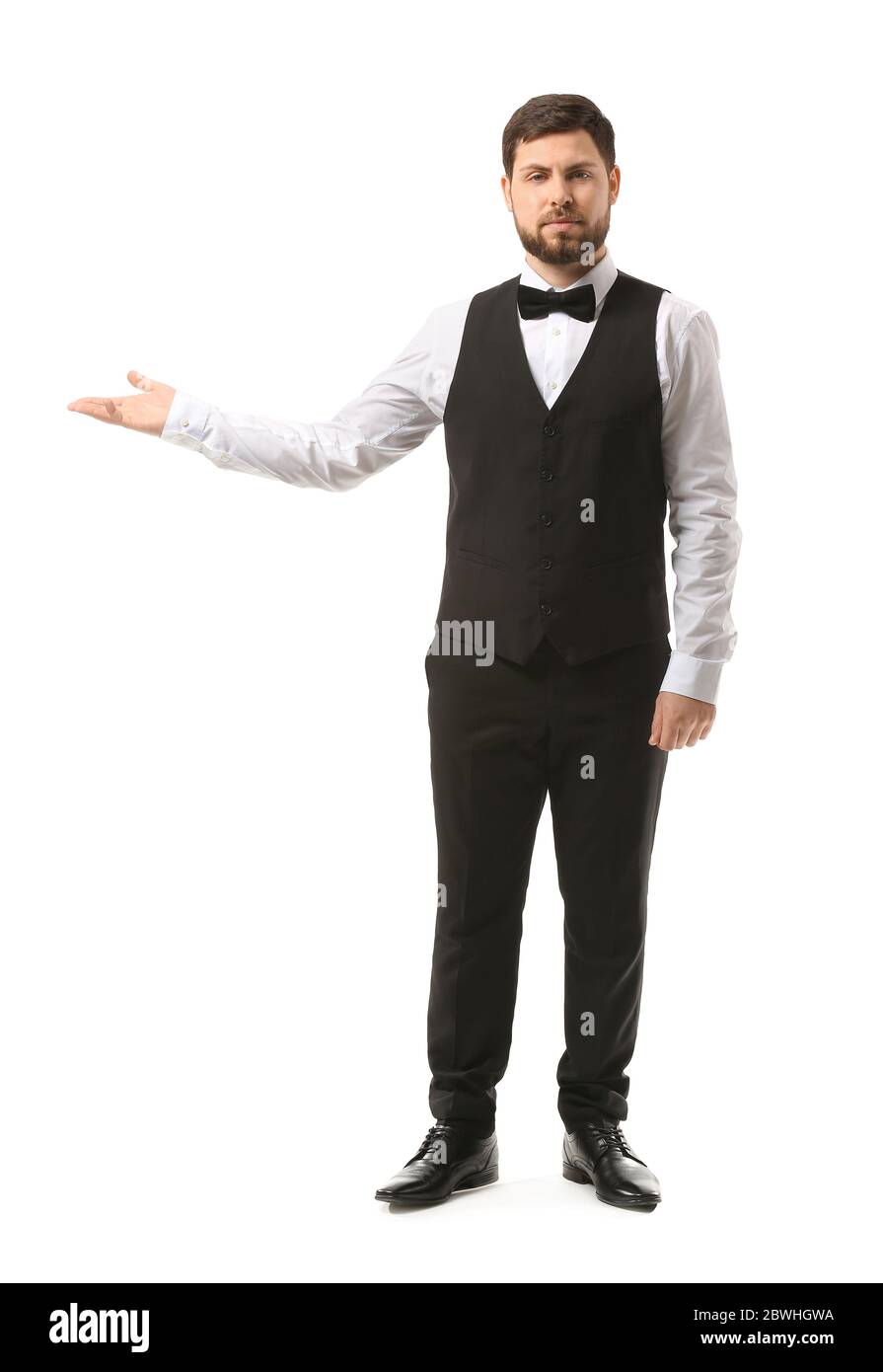 Handsome male waiter on white background Stock Photo - Alamy