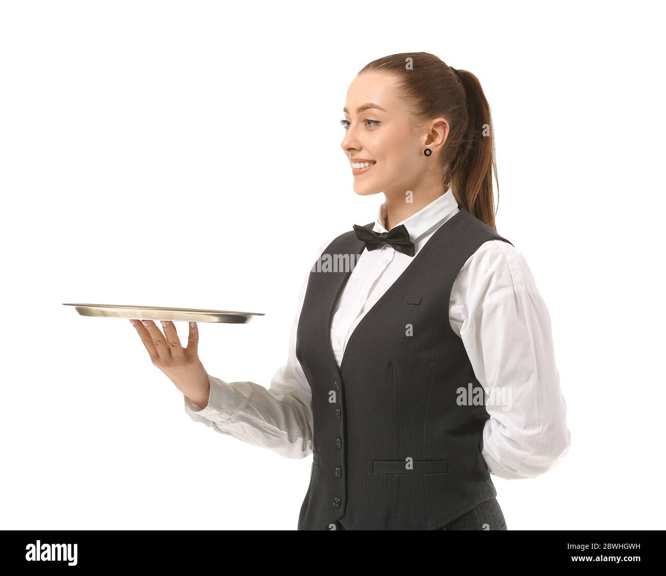 Beautiful female waiter with empty tray on white background Stock Photo ...