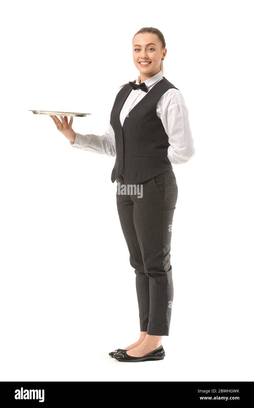 Beautiful female waiter with empty tray on white background Stock Photo ...