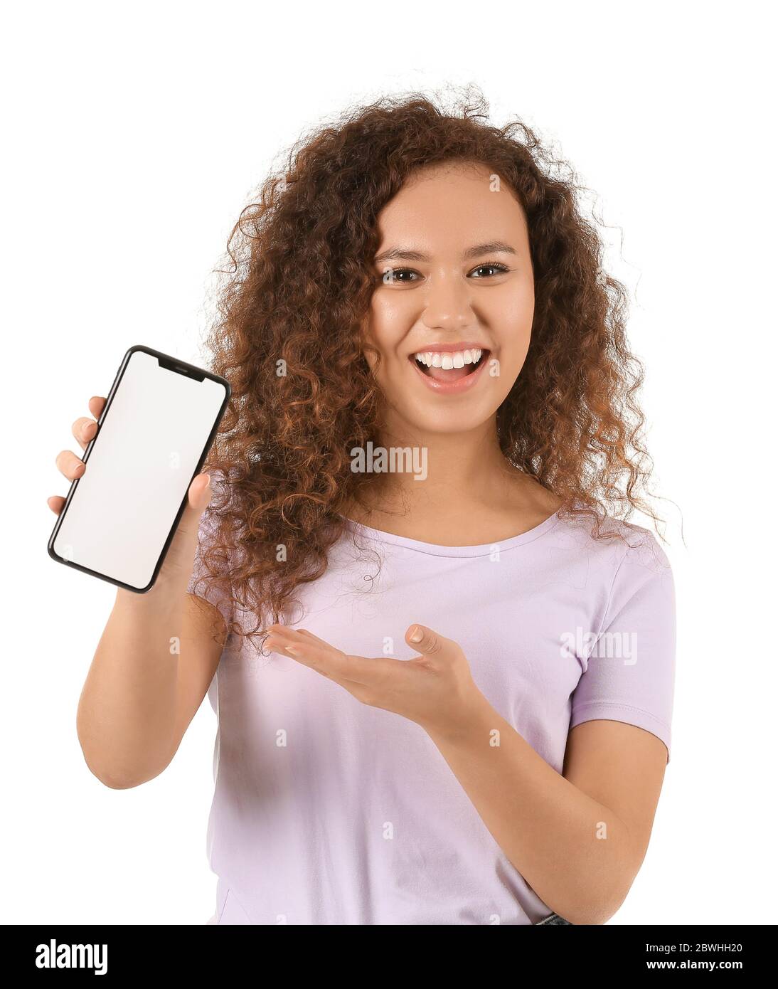 African-American woman with mobile phone on white background Stock ...