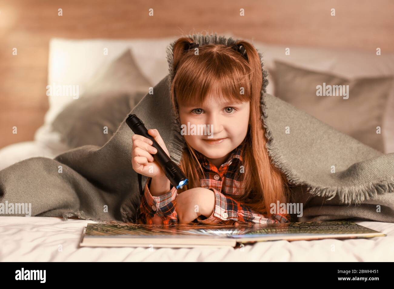 Little girl with flashlight reading book in evening Stock Photo - Alamy