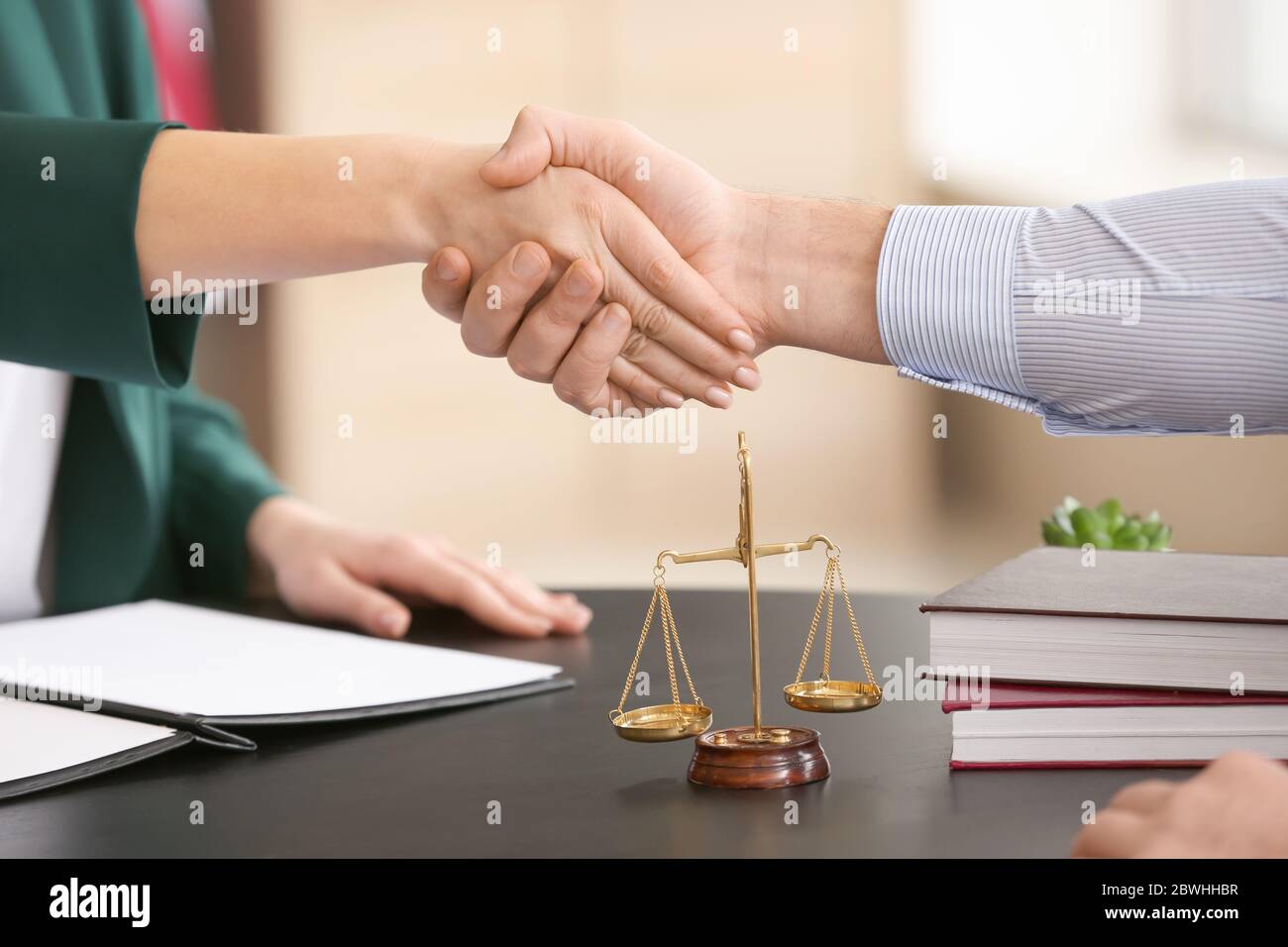 Female judge and client shaking hands in office, closeup Stock Photo ...