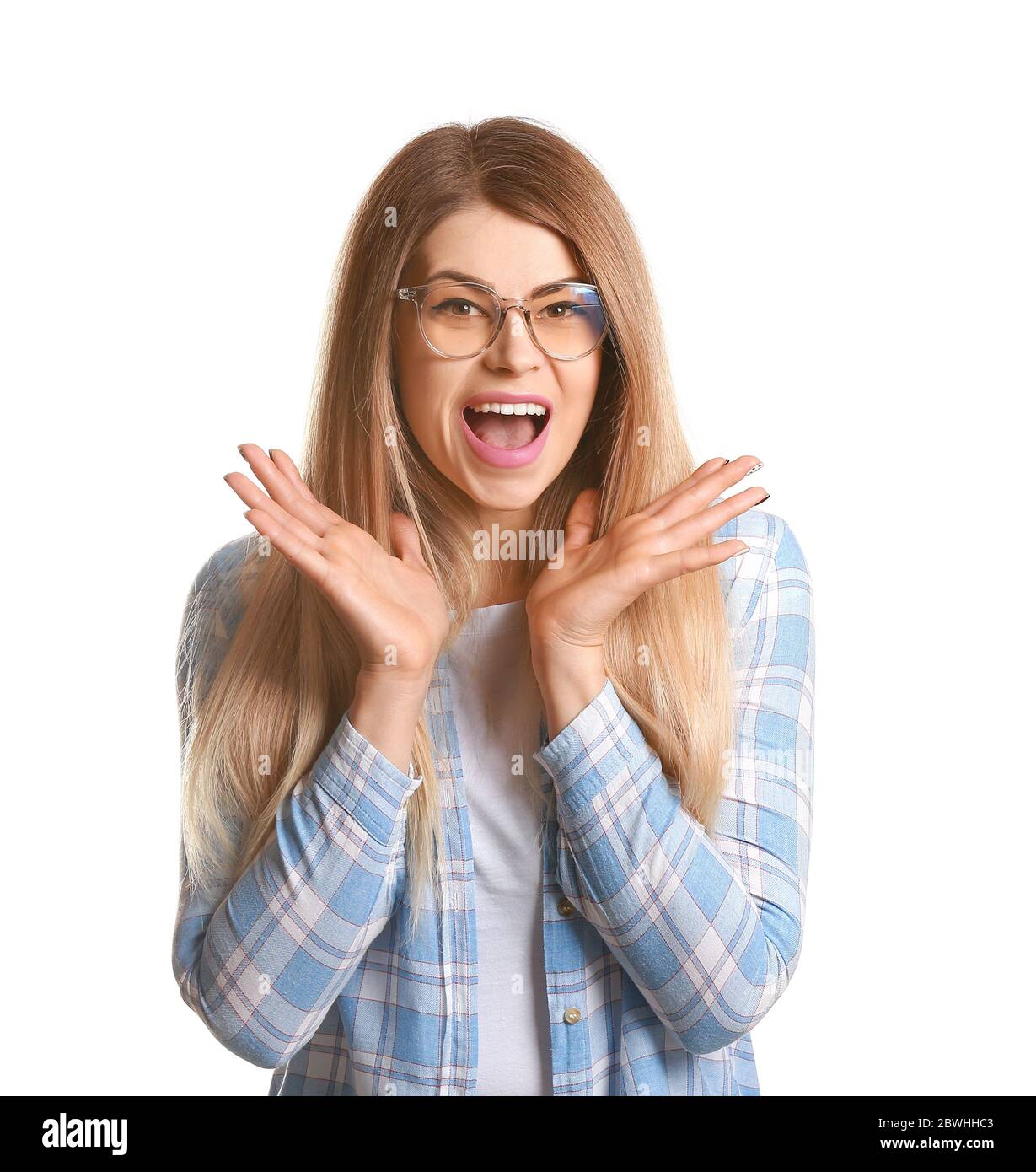 Portrait of beautiful excited woman on white background Stock Photo - Alamy