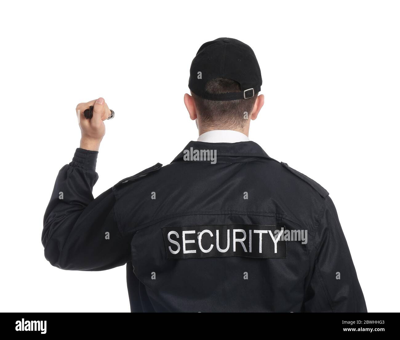 Male security guard with flashlight on white background Stock Photo - Alamy