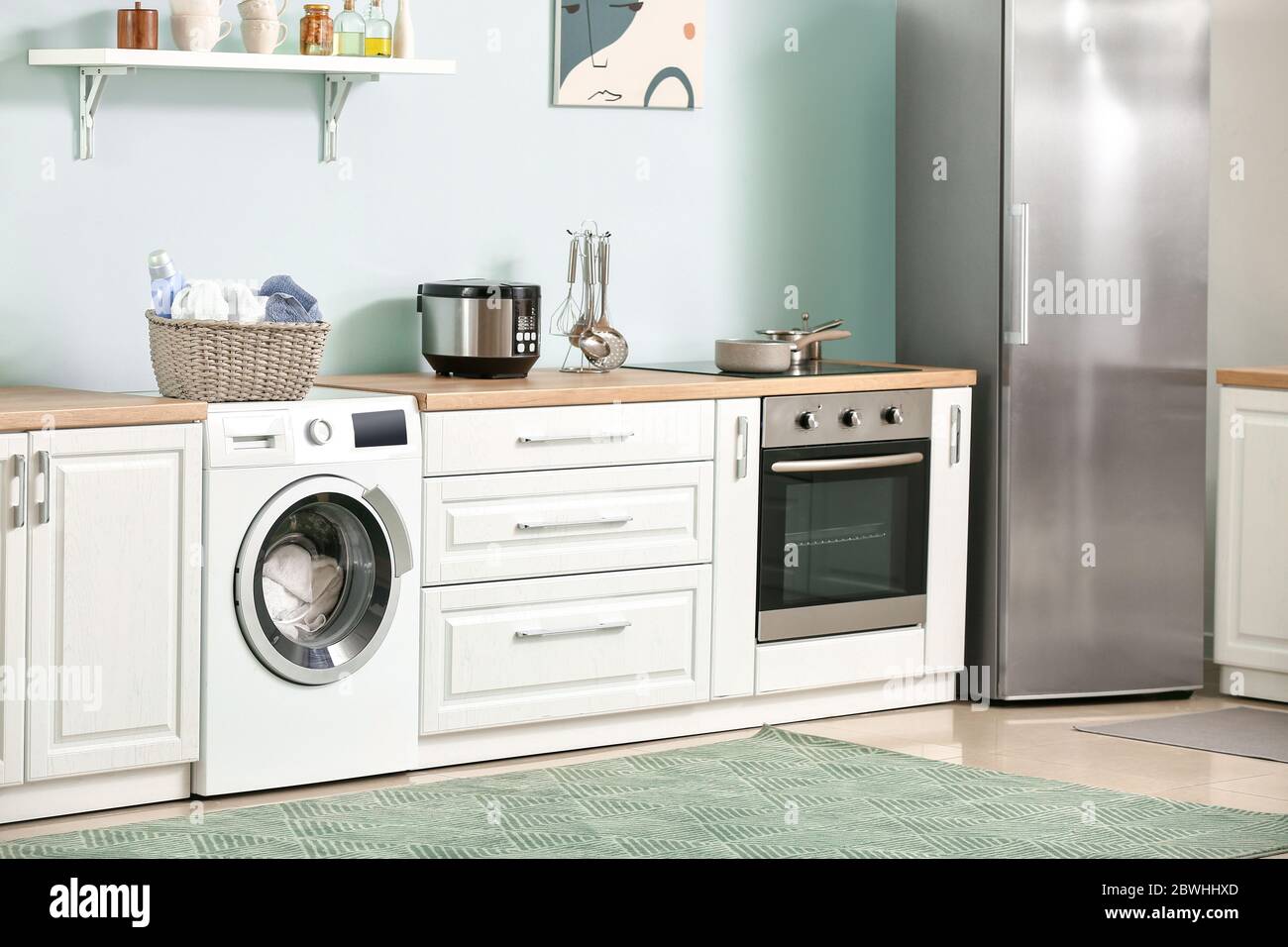 Interior of kitchen with modern washing machine Stock Photo - Alamy