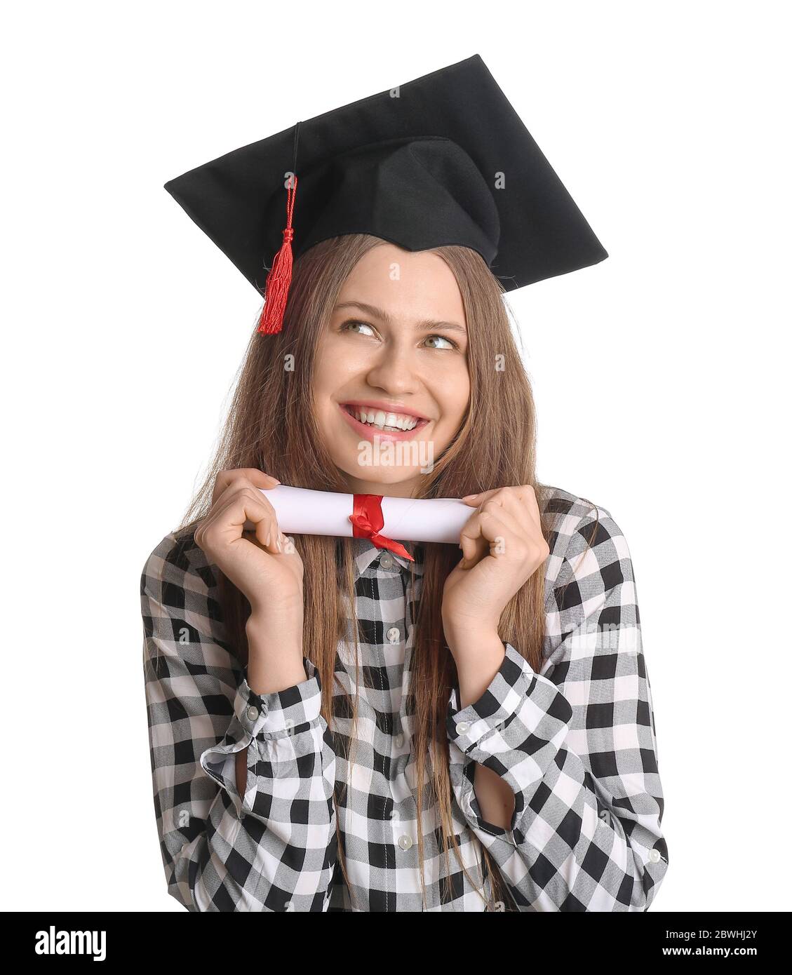 Female graduating student with diploma on white background Stock Photo ...
