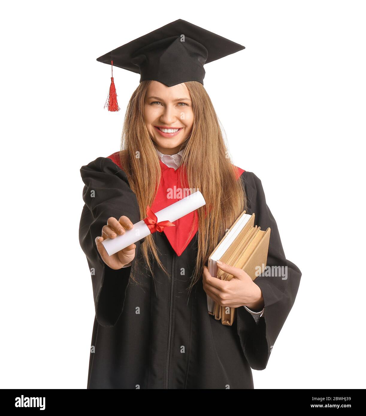 Female graduating student with diploma on white background Stock Photo ...