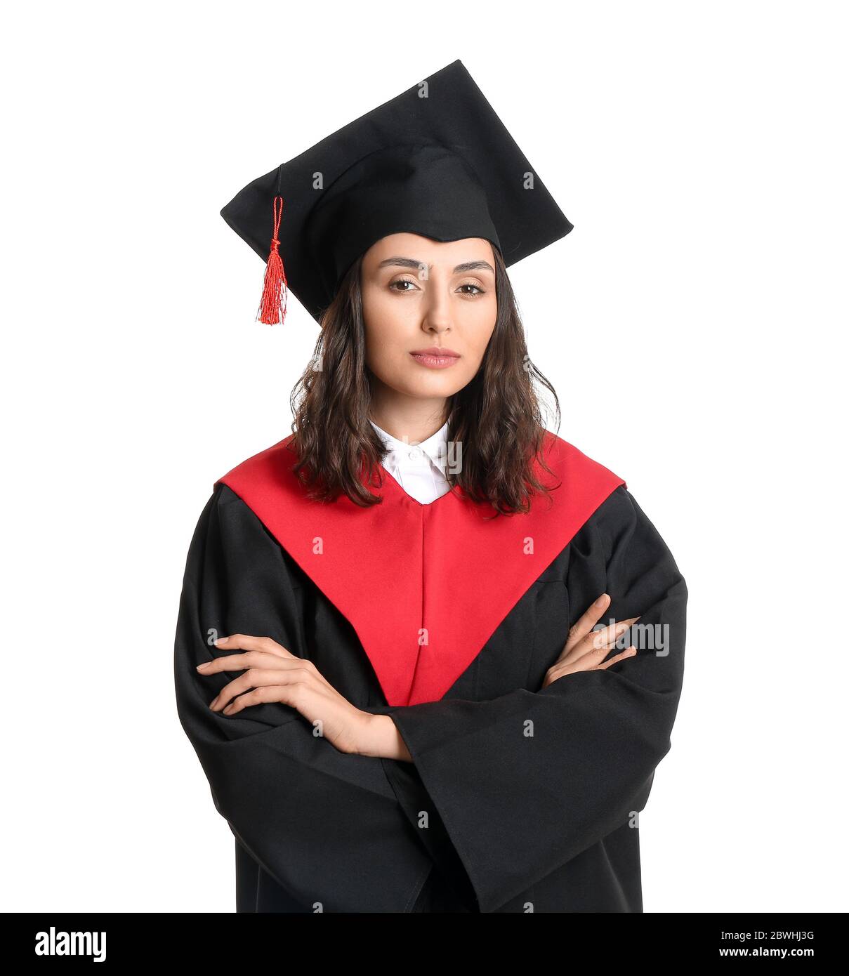 Female graduating student on white background Stock Photo - Alamy