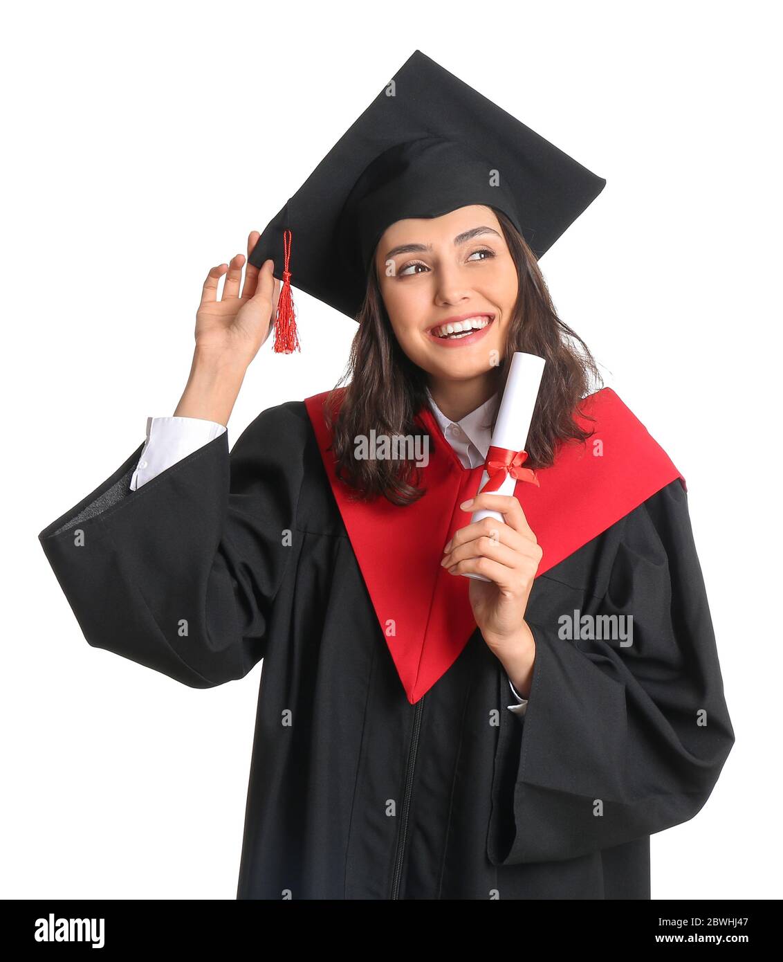 Female graduating student with diploma on white background Stock Photo ...
