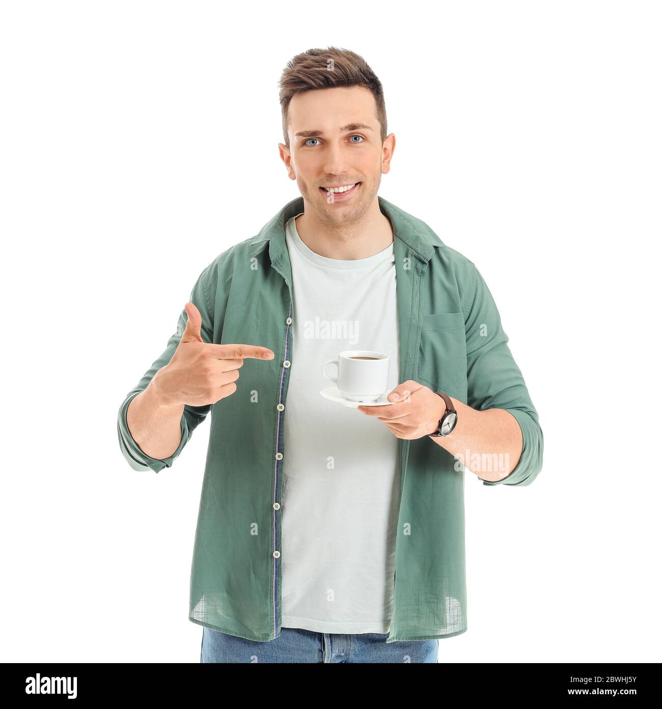Handsome man with coffee on white background Stock Photo - Alamy