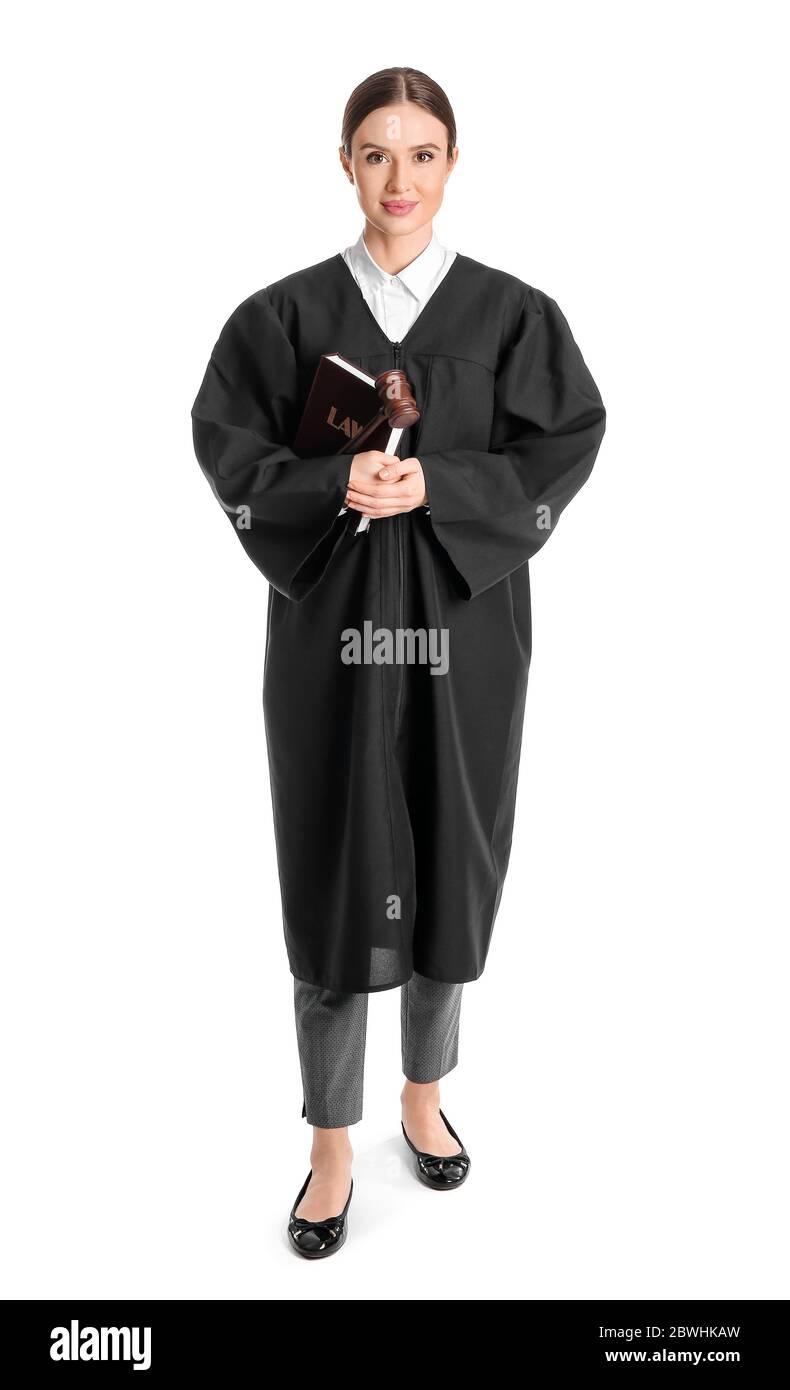 Female judge with book on white background Stock Photo - Alamy