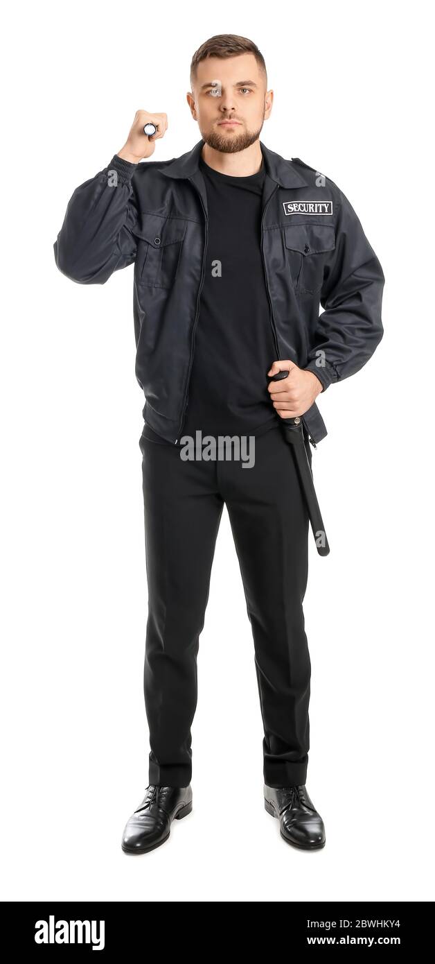 Male security guard with flashlight on white background Stock Photo - Alamy