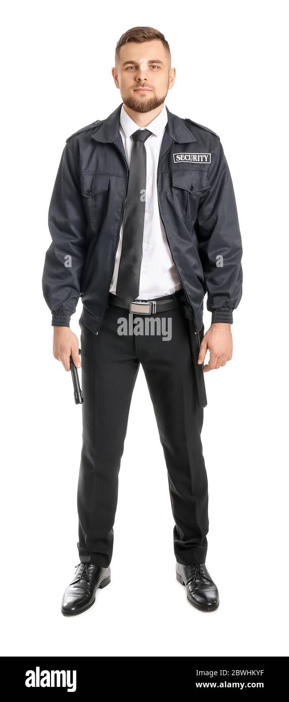 Male security guard with flashlight on white background Stock Photo - Alamy