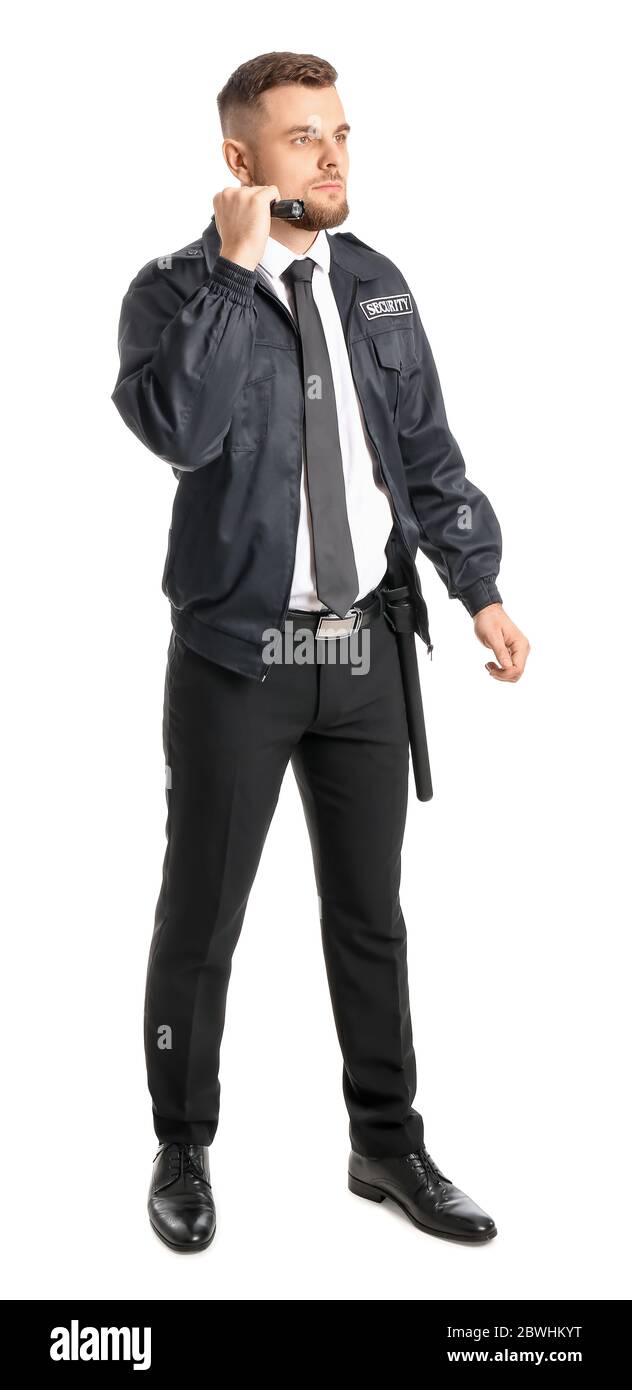 Male security guard with flashlight on white background Stock Photo - Alamy
