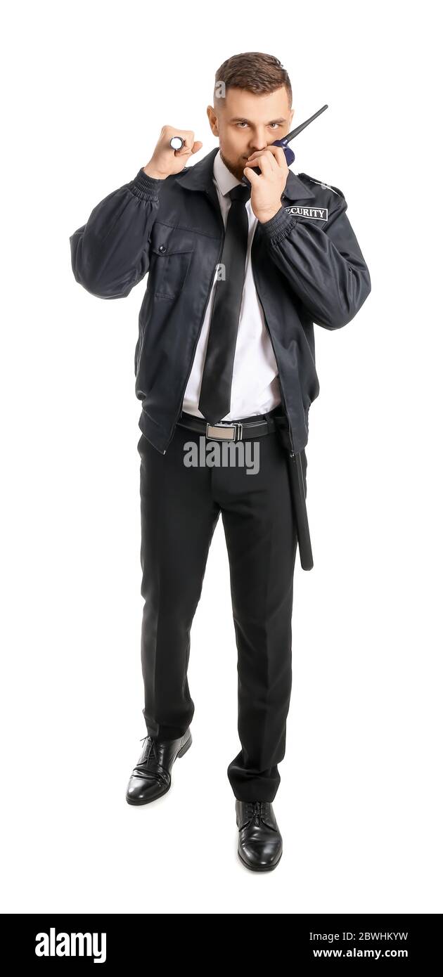 Male security guard with flashlight on white background Stock Photo - Alamy