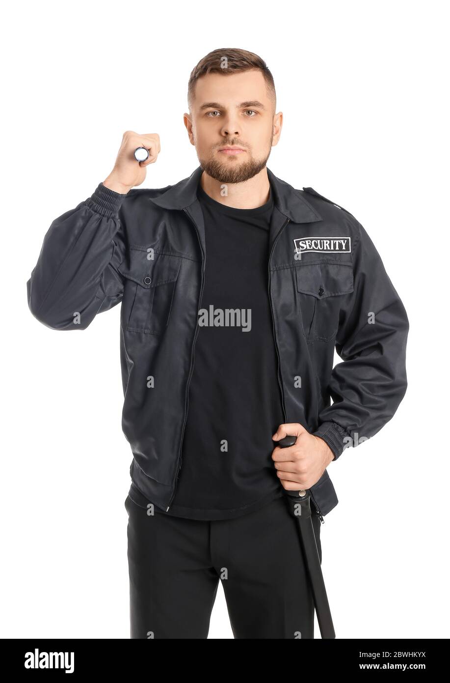 Male security guard with flashlight on white background Stock Photo - Alamy