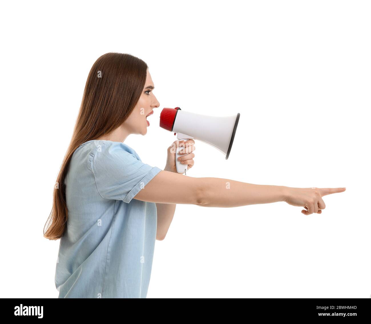 Emotional young woman with megaphone on white background Stock Photo ... Emotional young woman with megaphone on white background Stock Photo ...