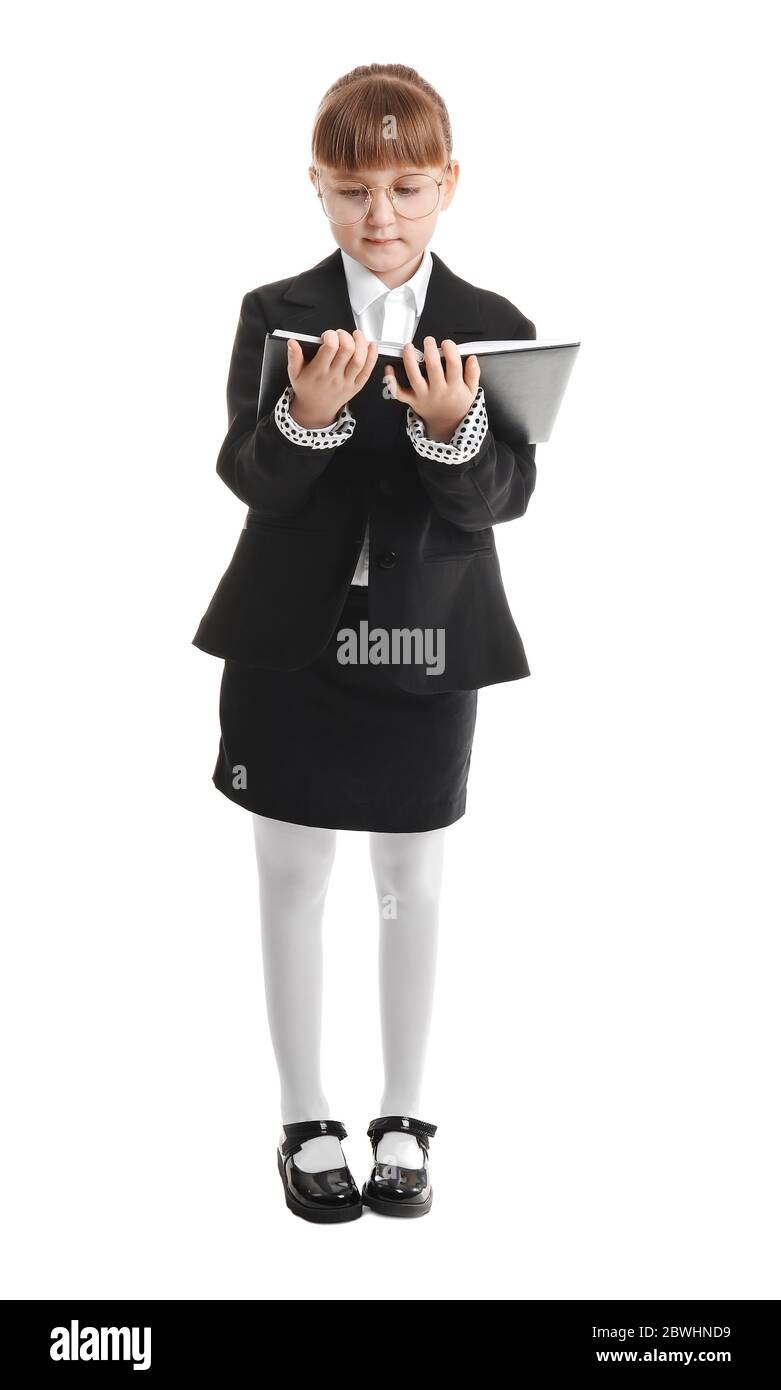 Portrait of little secretary on white background Stock Photo - Alamy