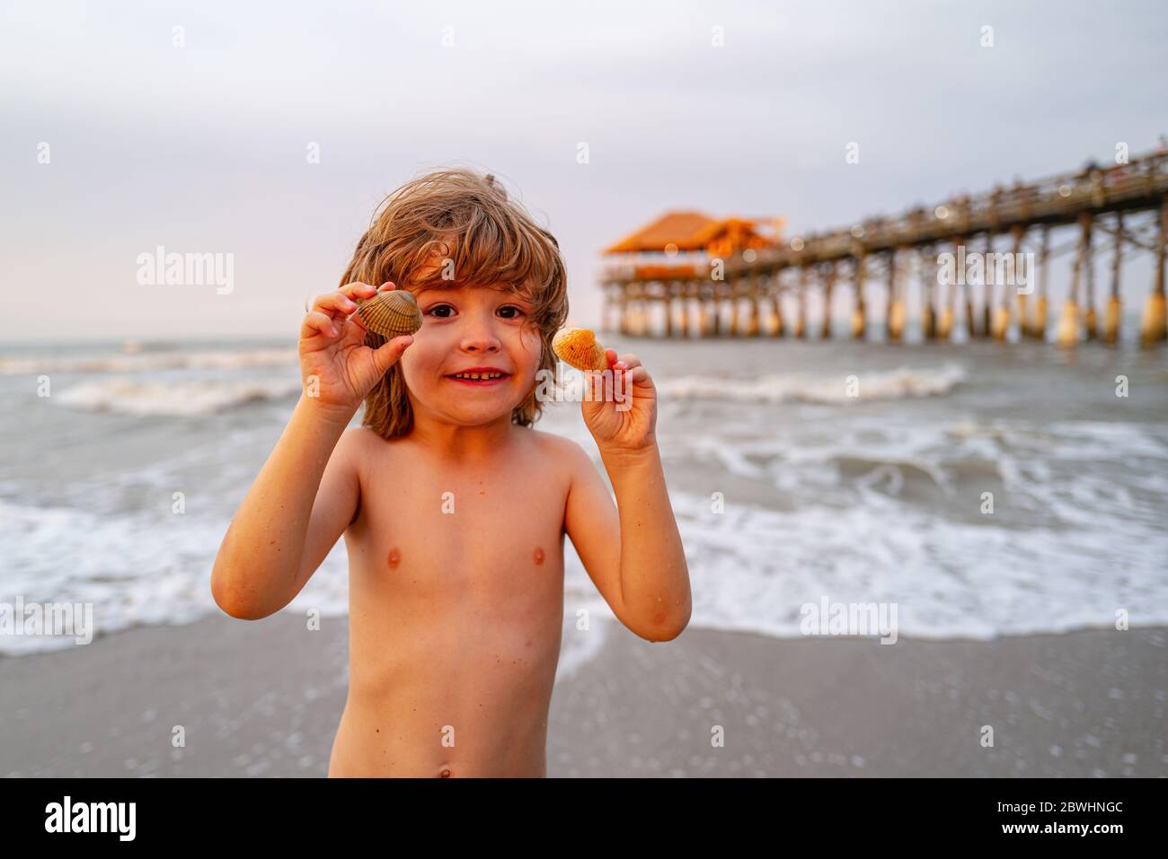 Cute, happy child holding shell at the beach. Cute little boy at ...