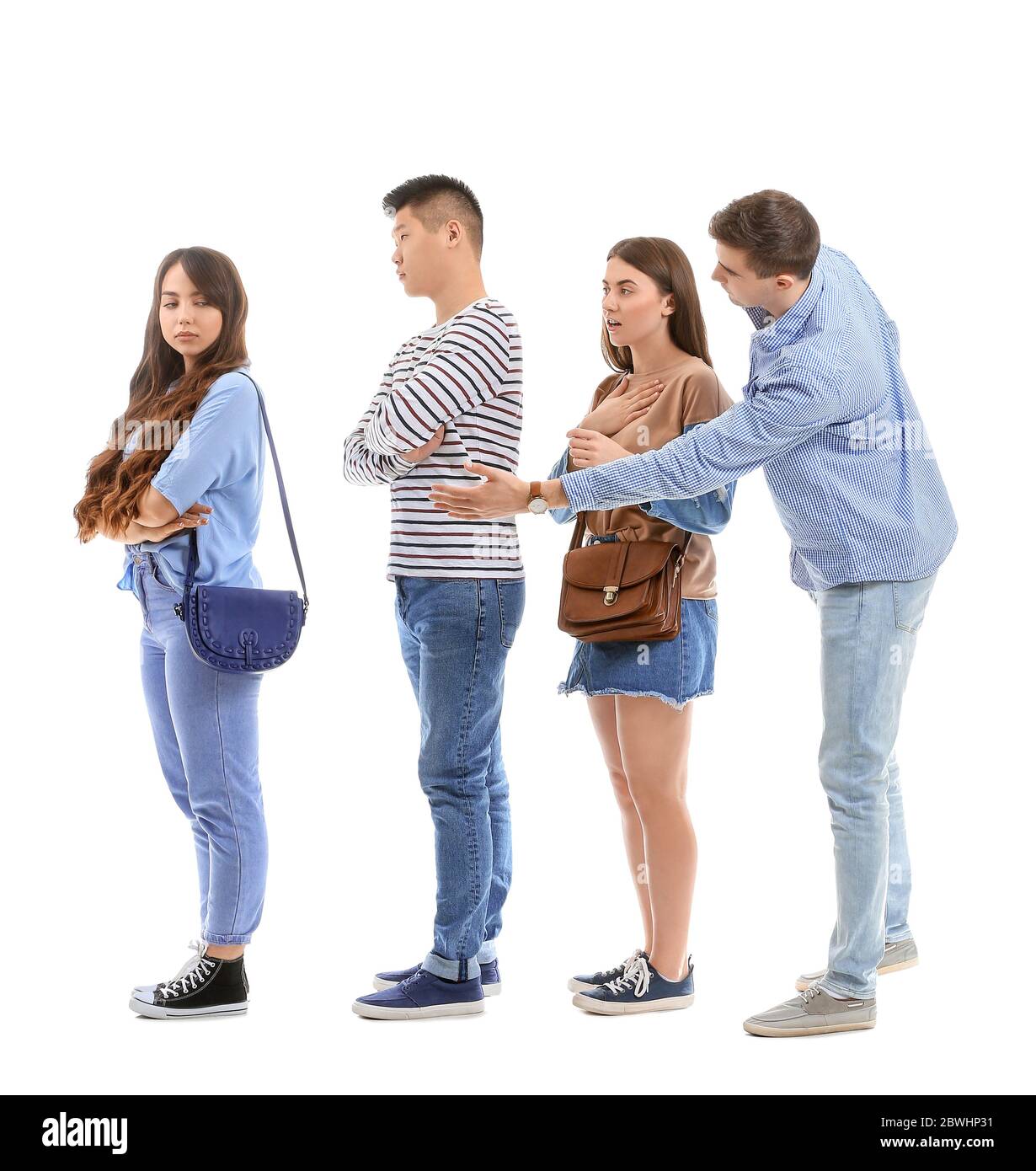 People waiting in line on white background Stock Photo - Alamy
