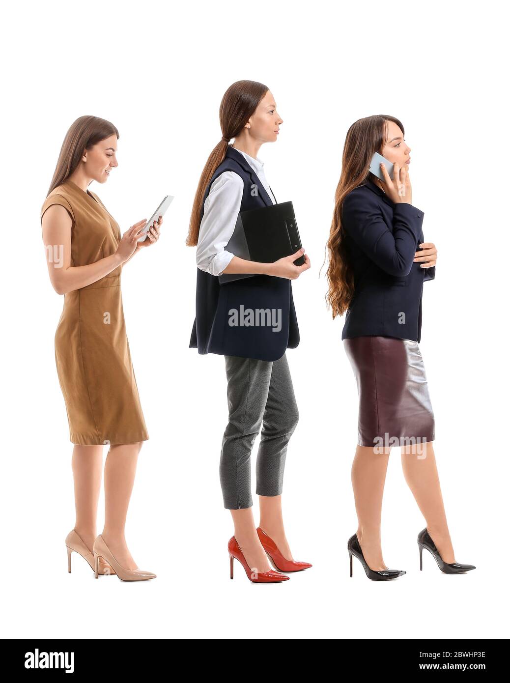 Young business people waiting in line on white background Stock Photo ...