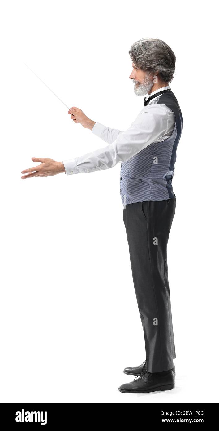 Senior male conductor on white background Stock Photo - Alamy