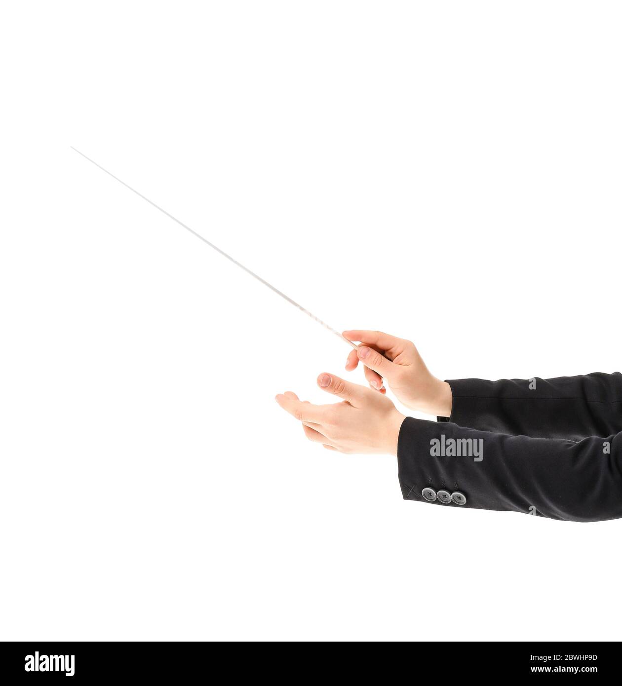 Hands of little conductor on white background Stock Photo - Alamy