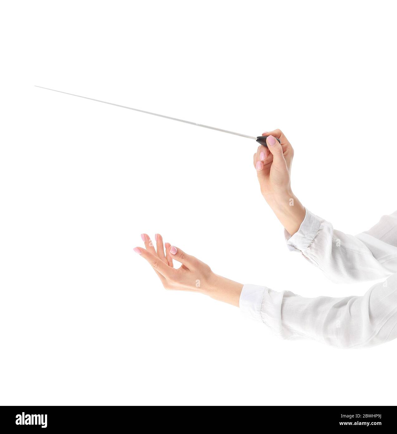 Hands of young female conductor on white background Stock Photo - Alamy