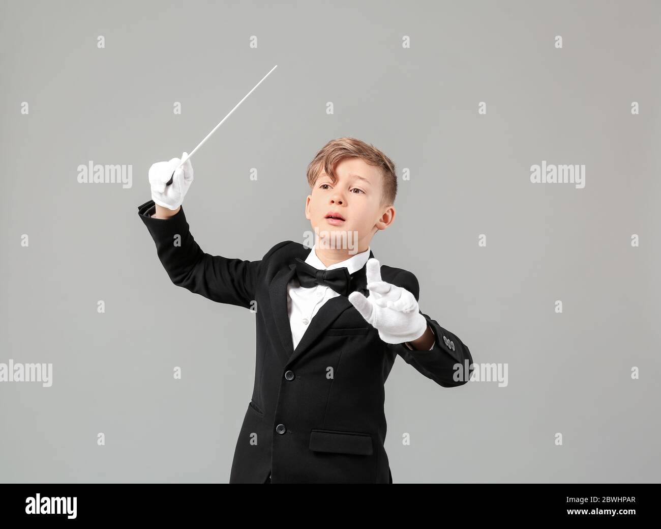 Little conductor on grey background Stock Photo - Alamy